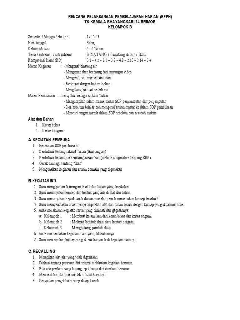 RPPH TK: Binatang Air & Ikan | PDF
