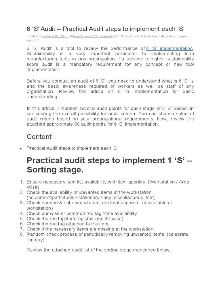 6 S' Audit - Practical Audit Steps To Implement Each S' | PDF | Audit | Safety