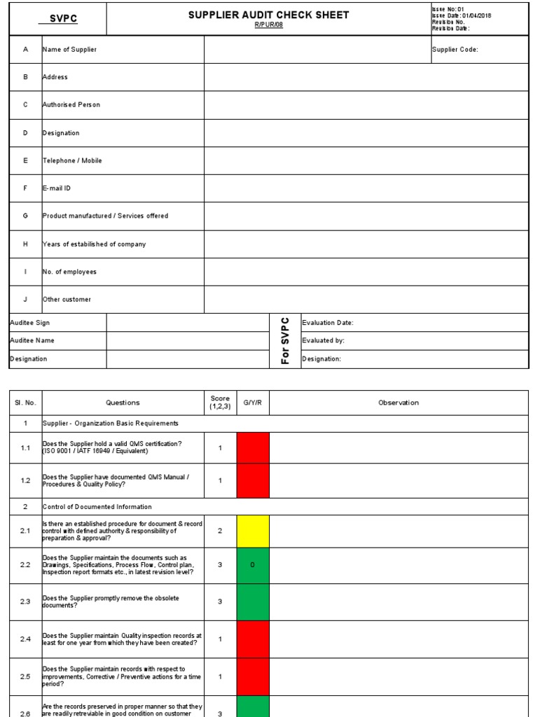 Supplier Audit Check Sheet Template | PDF | Calibration | Quality ...