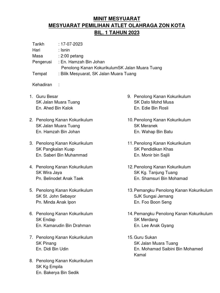 Minit Mesyuarat Pemilihan Atlet Olahraga Zon Kota Samarahan Bil 1 Tahun ...