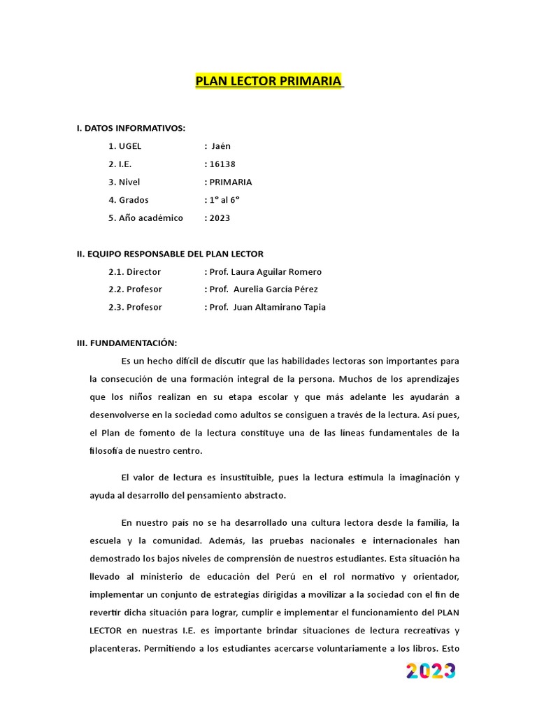 Plan Lector Primaria 2023 | PDF | Comprensión lectora | Aprendizaje