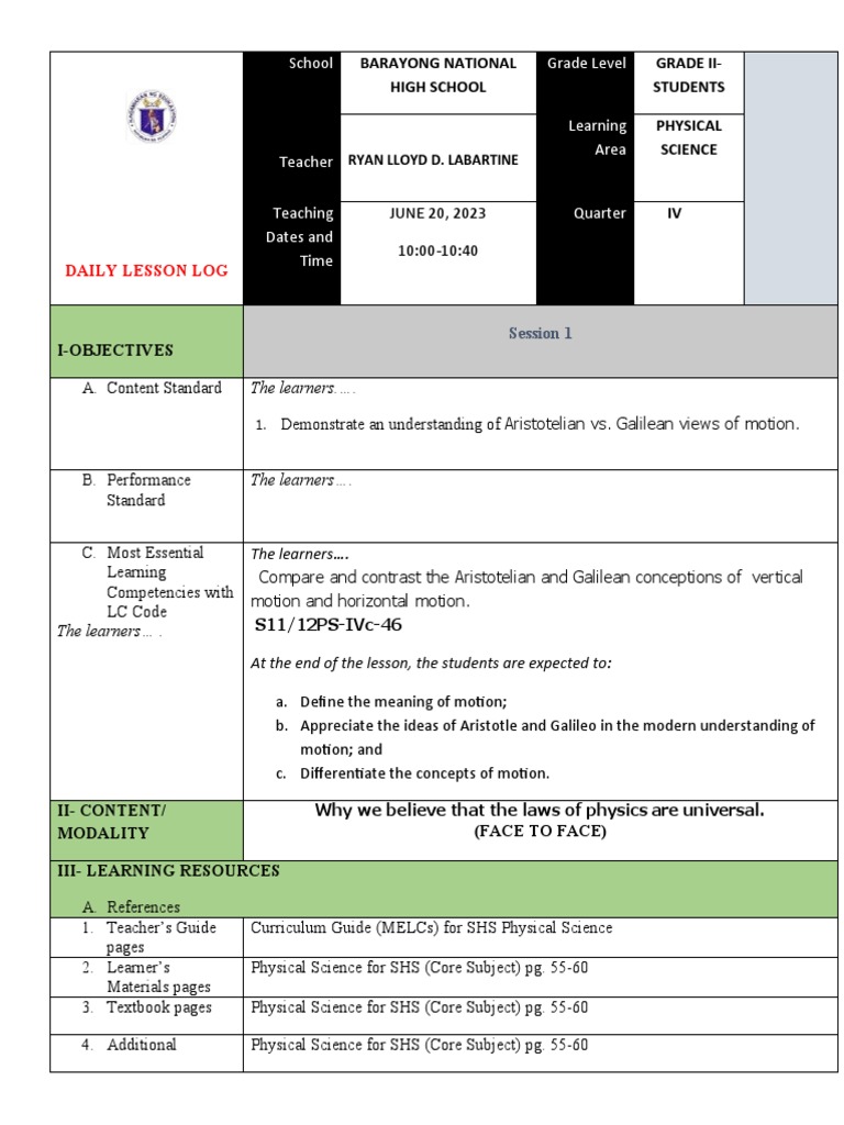 Daily Lesson Plan For Cot2 | PDF | Inertia | Force
