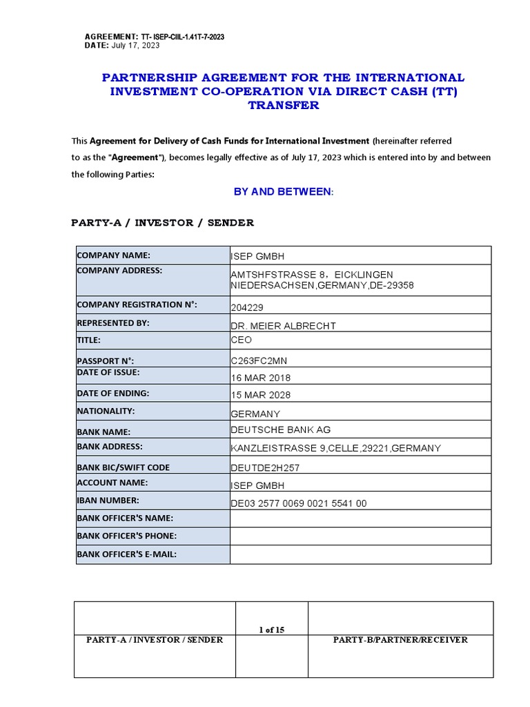 International Investment Cash Transfer Agreement | PDF | Business