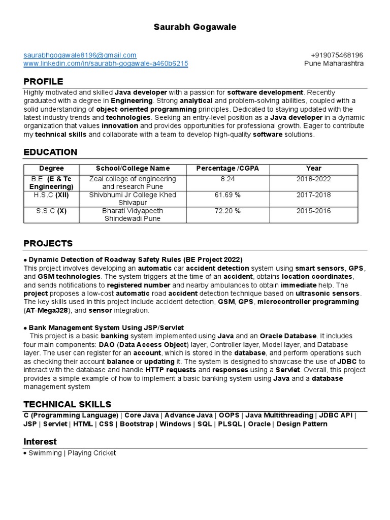 Saurabh Resume 2023 | PDF | Java (Programming Language) | Databases