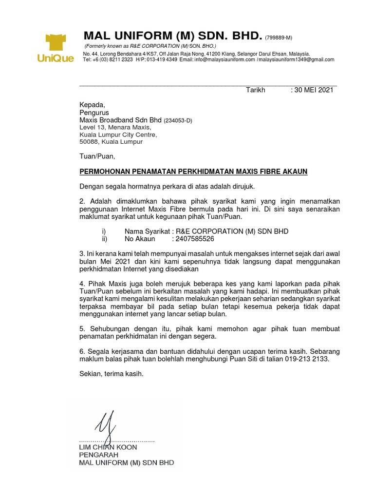 Surat Terminate Akaun Maxis | PDF