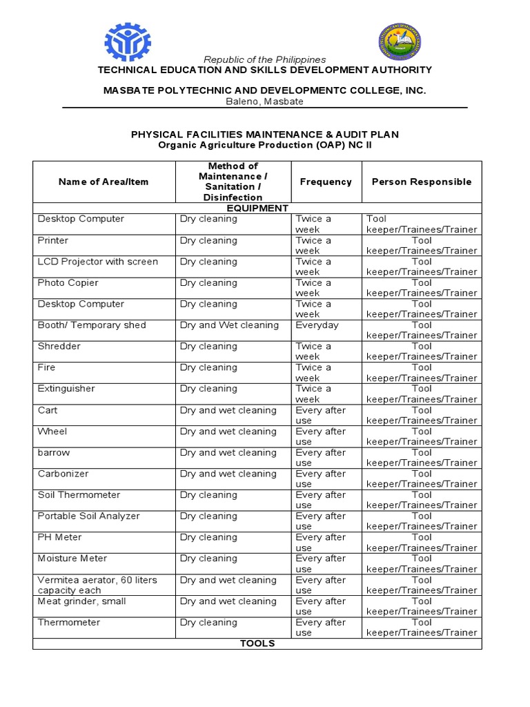 Physical Facilities Maintenance - Audit Plan | PDF | Manufactured Goods