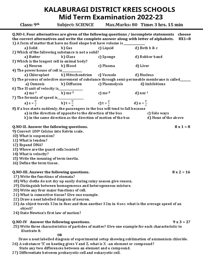 9th Grade Science Mid Term Exam Paper | PDF | Tissue (Biology) | Force