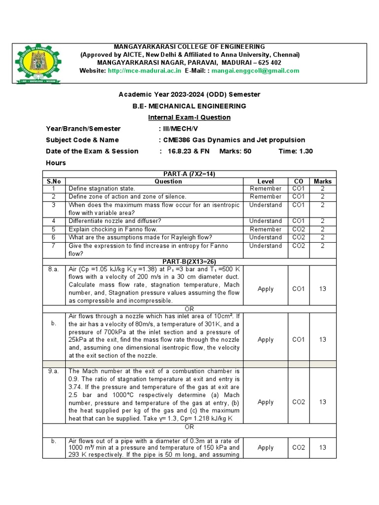 I - Internal Question Paper GDJP | PDF | Compressible Flow | Fluid Dynamics
