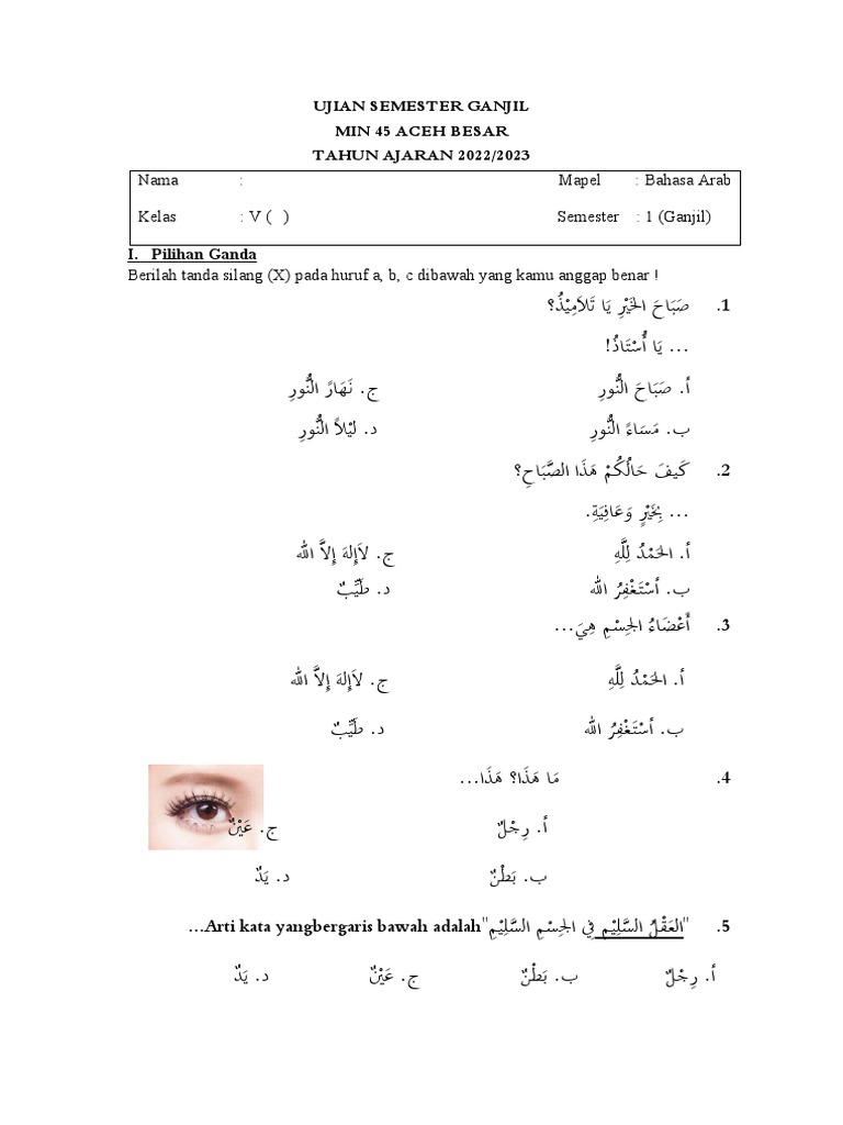 Soal Ujian Bahasa Arab Kelas 5 Ganjil | PDF Soal Ujian Bahasa Arab Kelas 5 Ganjil | PDF