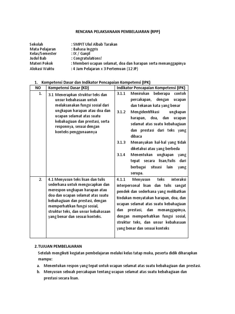 RPP 3.1 Bing 9 TP 2022-2023 | PDF