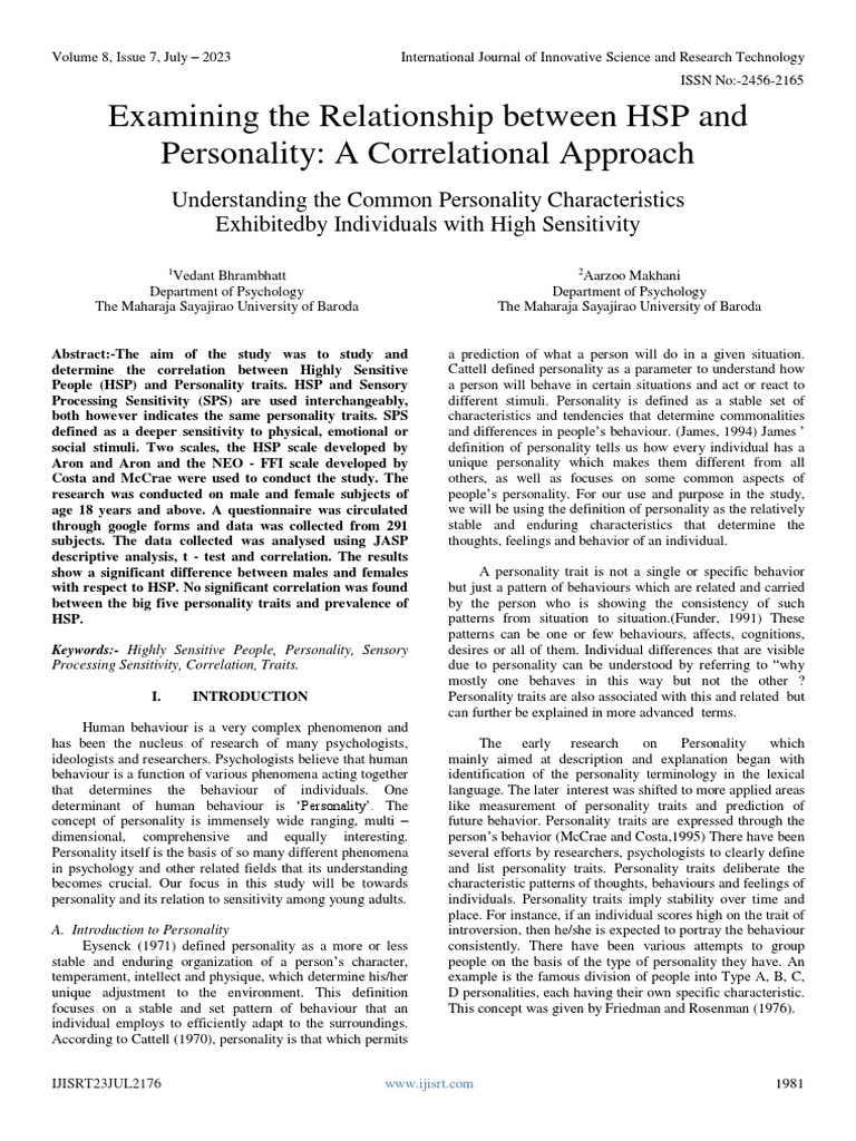Examining The Relationship Between HSP and Personality: A Correlational Approach | PDF ...