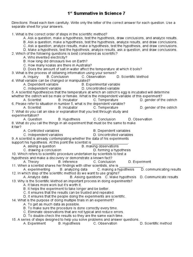 1st Summative in Science 7 | PDF | Experiment | Scientific Method