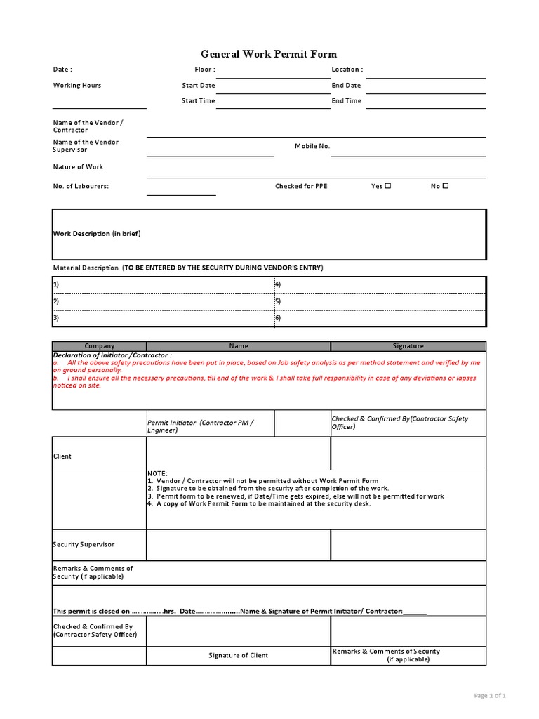 General Work Permit Format | PDF