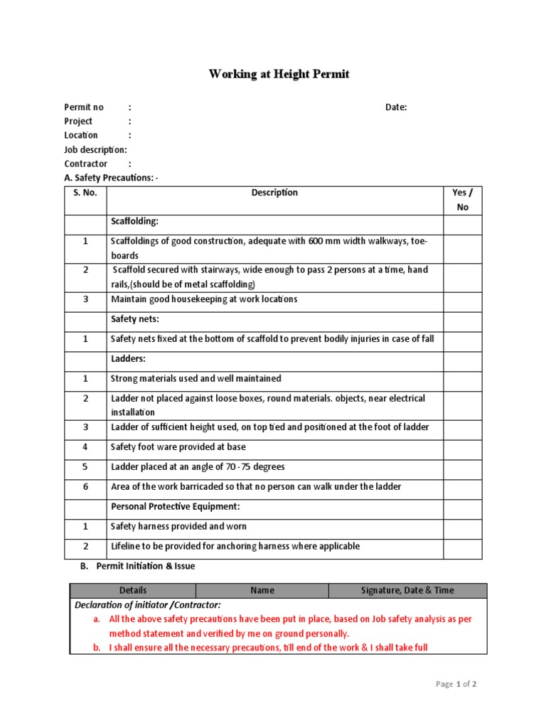 Height Work Permit Format | PDF | Scaffolding | Safety