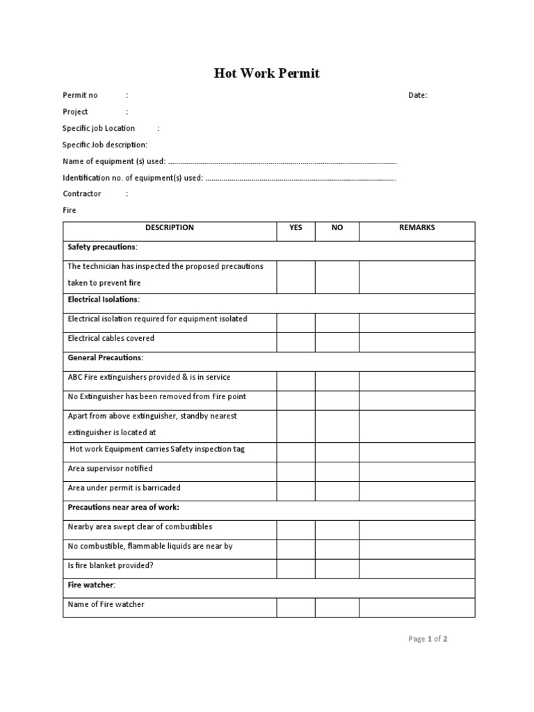 Hot Work Permit Format | PDF | Fires | Occupational Safety And Health