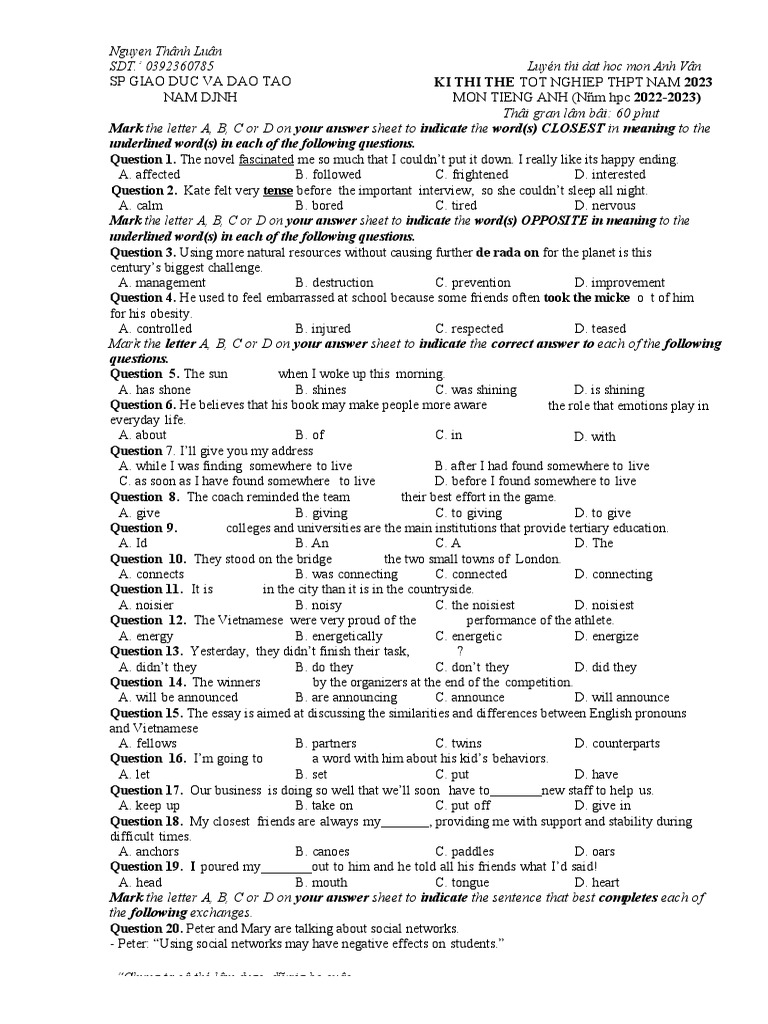 Đề Sở Nam Định 2022-2023 (Livestream) (C) | Download Free PDF | Grammar ...