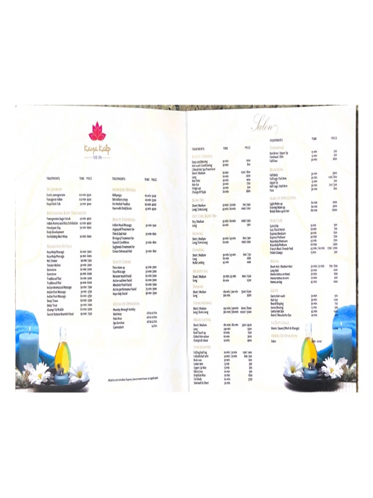 ITC Maratha Kayakalp and Salon Spa Menu | PDF