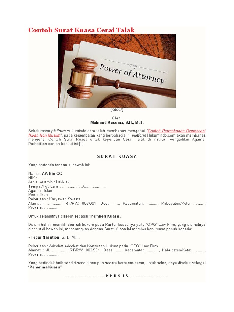 Contoh Surat Kuasa Cerai Talak | PDF | Hukum