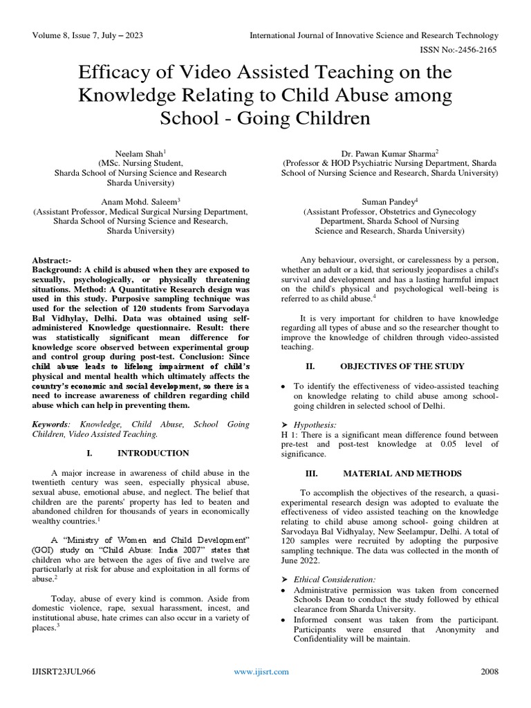 Efficacy of Video Assisted Teaching On The Knowledge Relating To Child ...