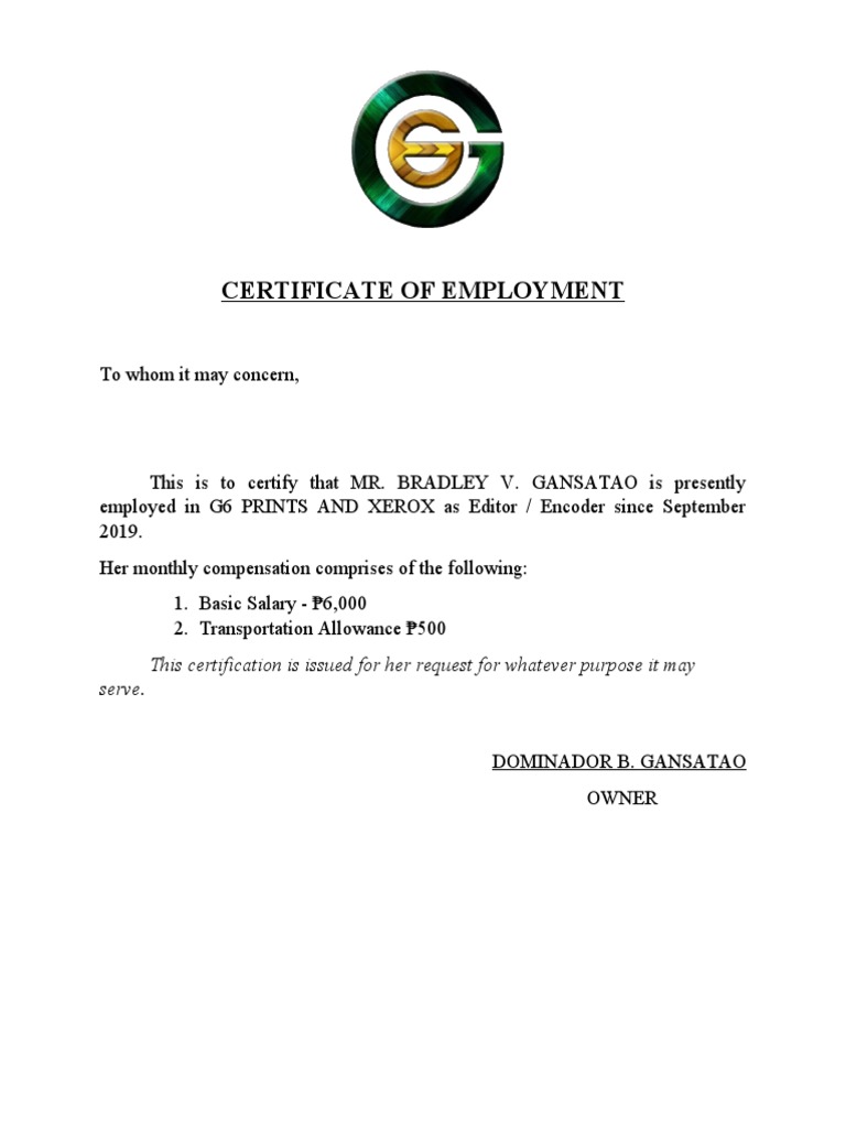 Certificate of Employment BRD | PDF