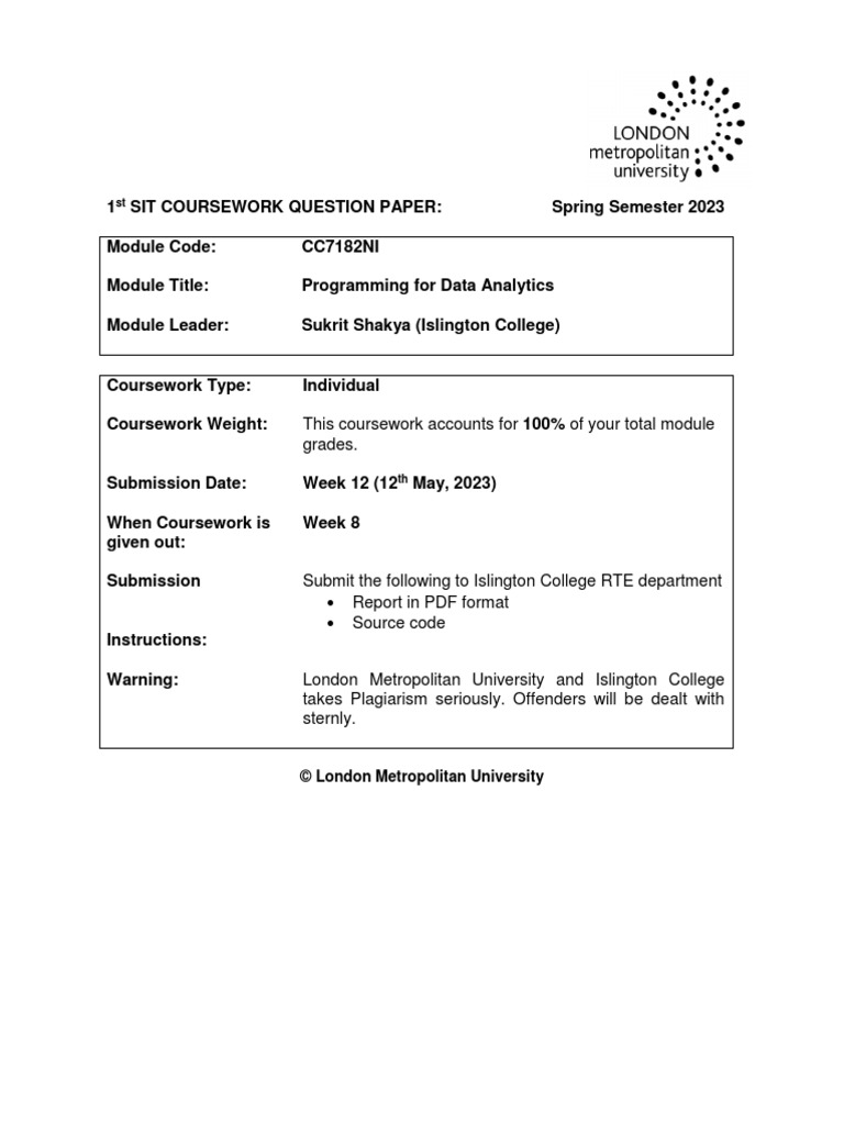 CC7182 - Programming For Data Analytics | PDF | Plagiarism | Data Analysis