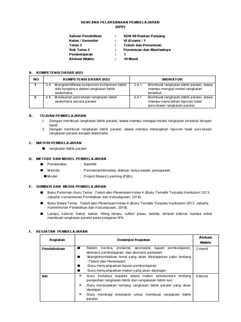 RPP Pembelajaran Rangkaian Listrik Paralel | PDF