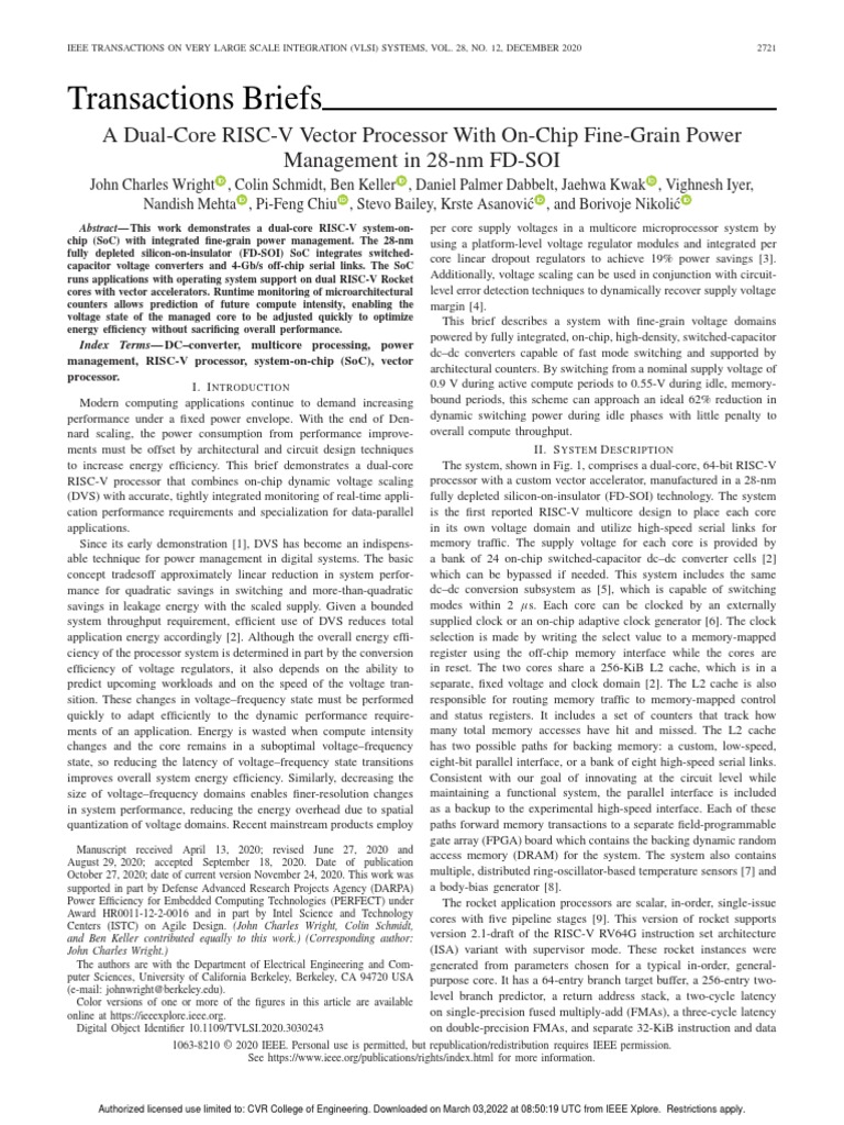 A Dual Core Risc V Vector Processor With On Chip Fine Grain Power Management In 28 Nm Fd Soi