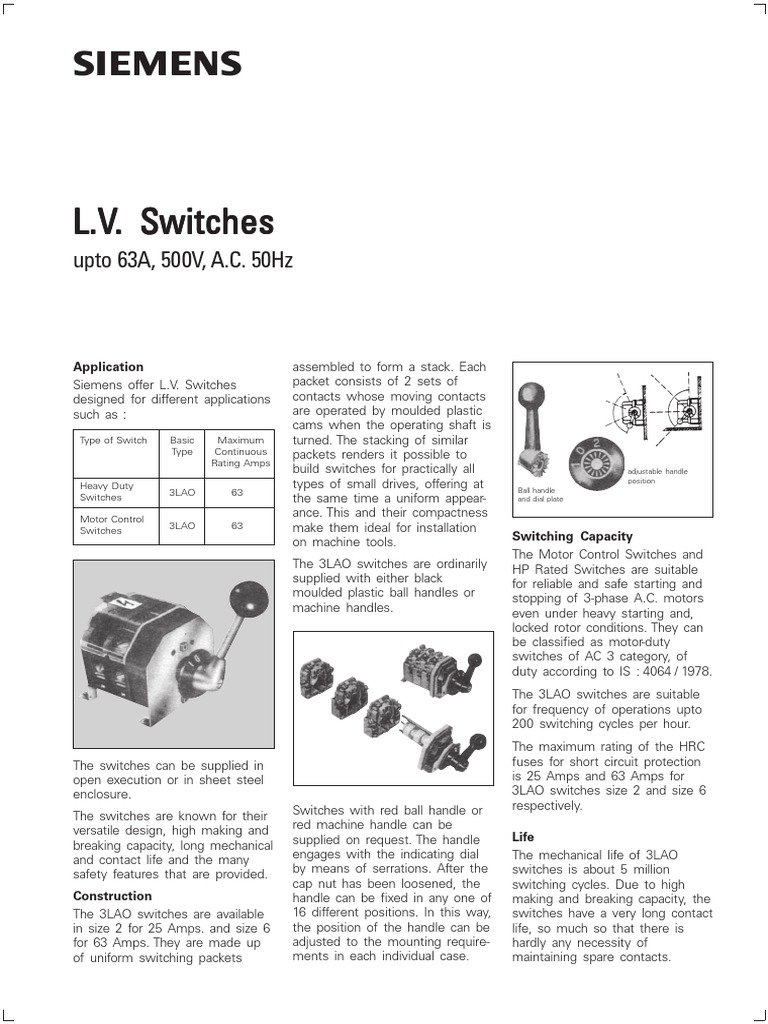 3lao L V Switches Upto 63a 500v Ac 50hz | PDF | Switch | Electric Motor