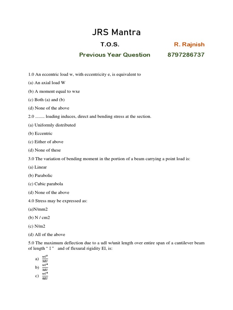 TOS VVI Objective Set 01 | PDF | Beam (Structure) | Bending