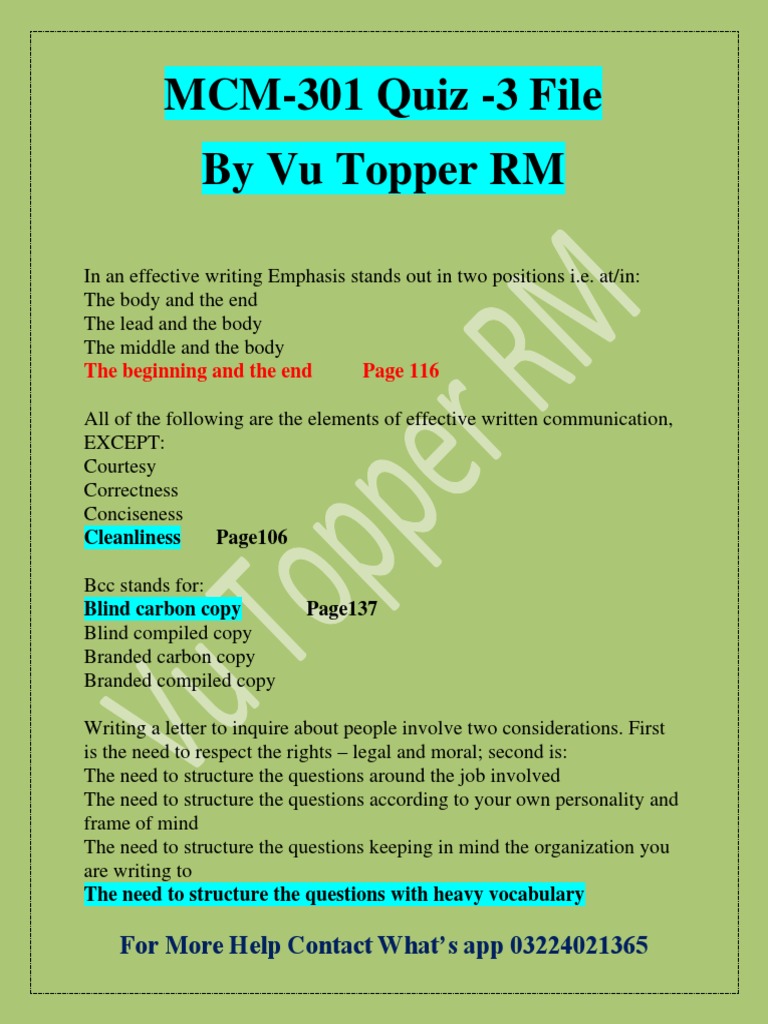 MCM301 Quiz-3 by Vu Topper RM | PDF | Communication | Persuasion