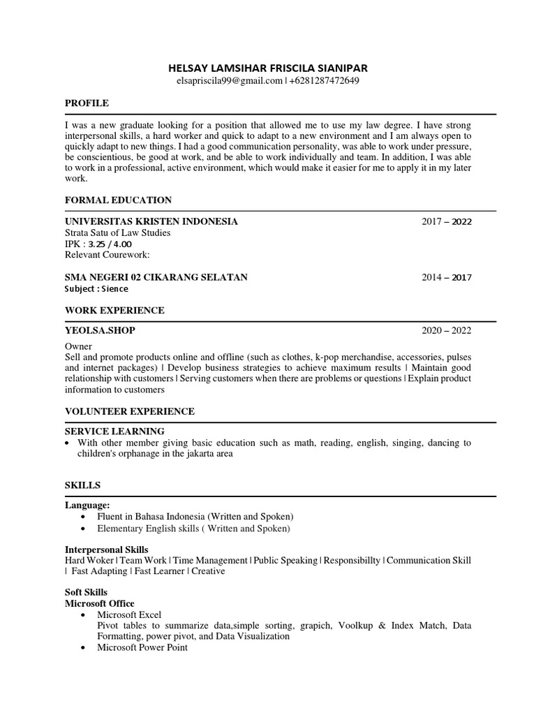 CV Helsay Friscila Sianipar | PDF | Microsoft Excel | Communication