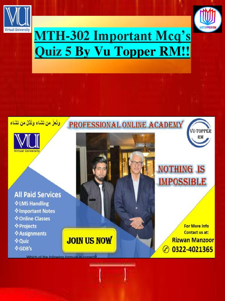 MTH302 Quiz 5 File by Vu Topper RM-1 | PDF | Poisson Distribution ...