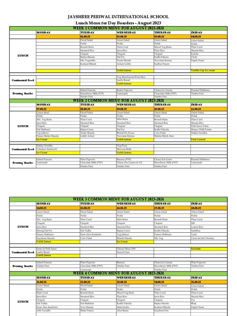 Lunch Menu For Day Boarders - August 2023 | PDF | Pickling | Lunch