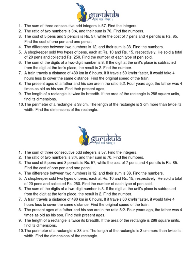 Linear Equations Test Word Problems | PDF | Length | Area