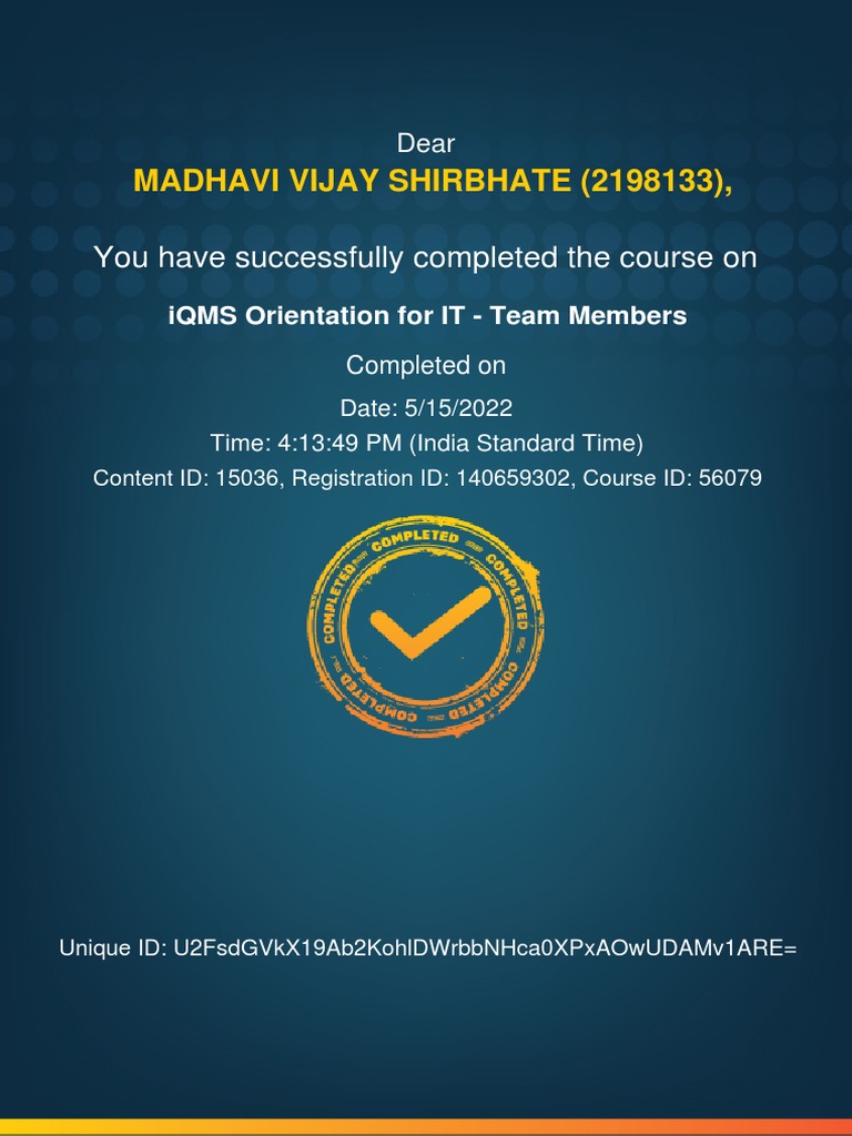iQMS Orientation For IT - Team Members - Completion - Certificate | PDF