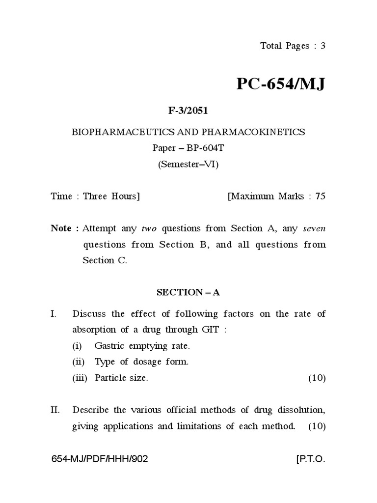 Bpharm Sem 6 Biopharm Ques Paper | PDF | Pharmacokinetics | Bioavailability