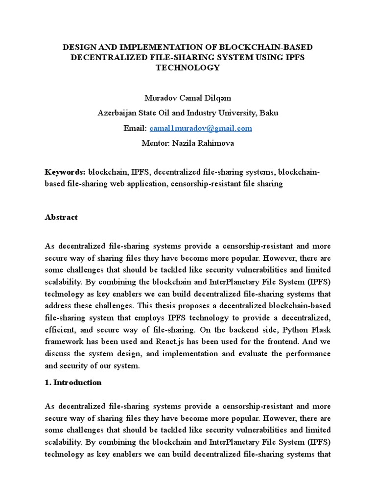 Design and Implementation of Blockchain-Based Decentralized File-Sharing System Using Ipfs ...