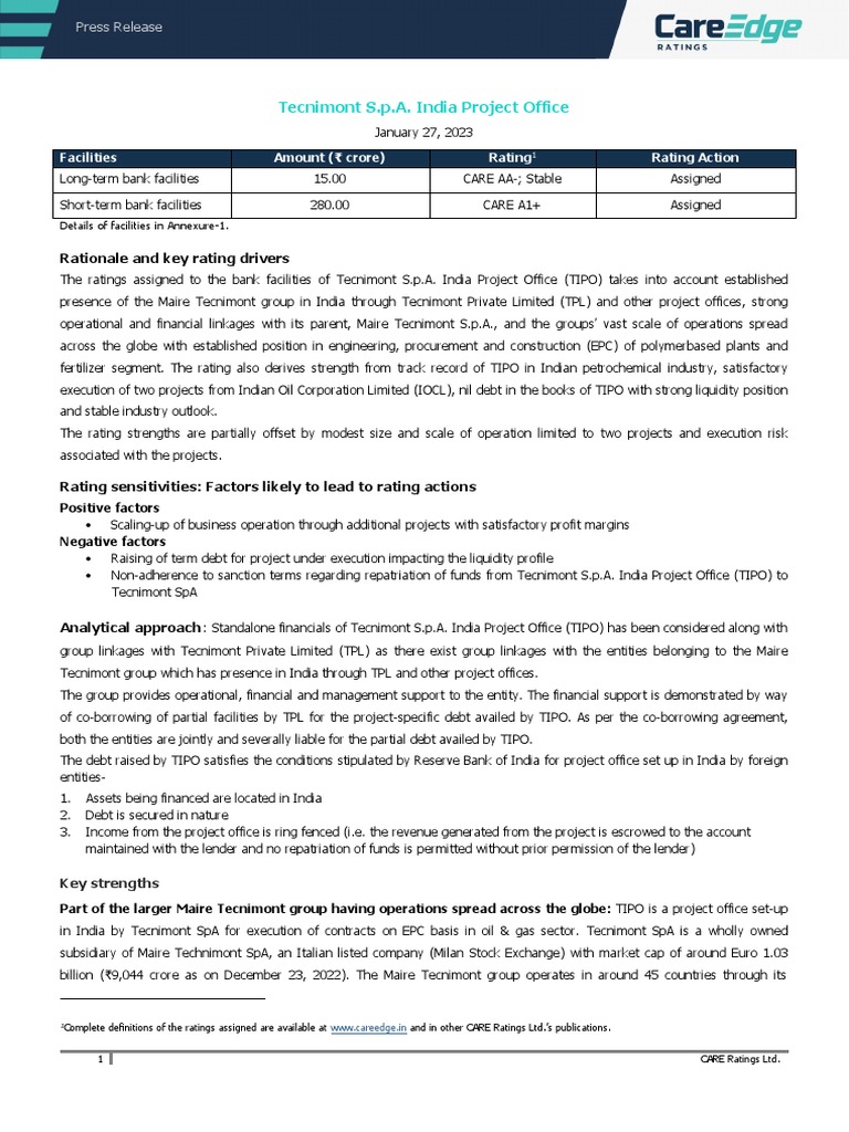 Tecnimont S.p.A. India Project Ratings | PDF | Banks | Capital Market