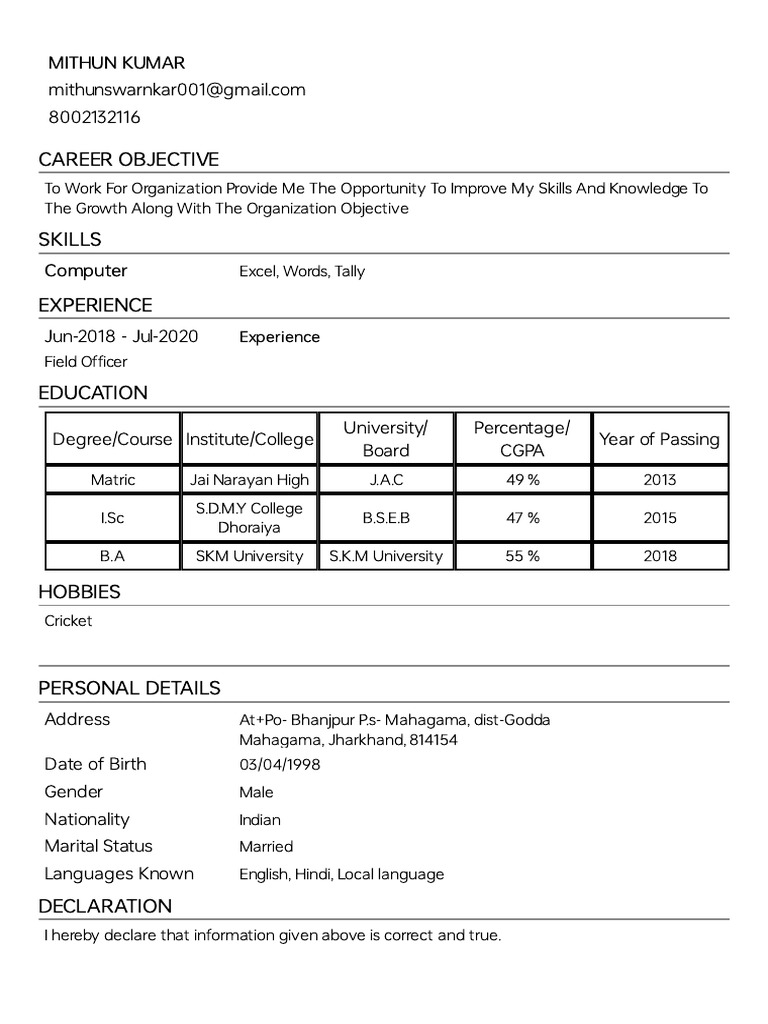 Resume Mithun New Resume Format1 | PDF