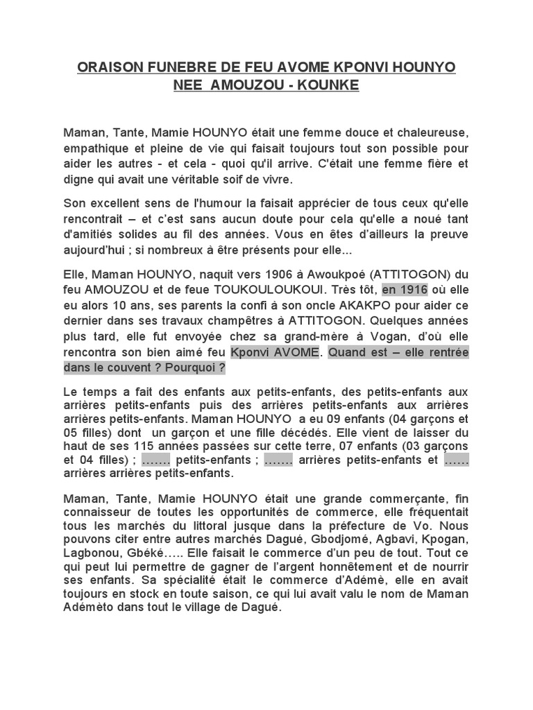 ORAISON FUNEBRE DE FEU AVOME KPONVI HOUNYO NEE AMOUZOU | PDF
