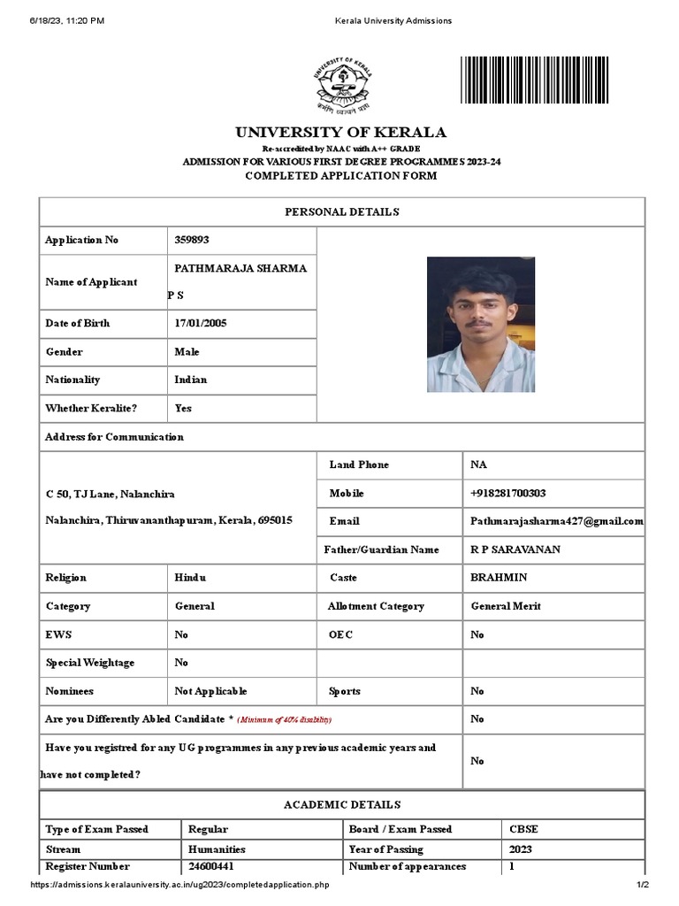 Kerala University UG Admission 2023 | PDF