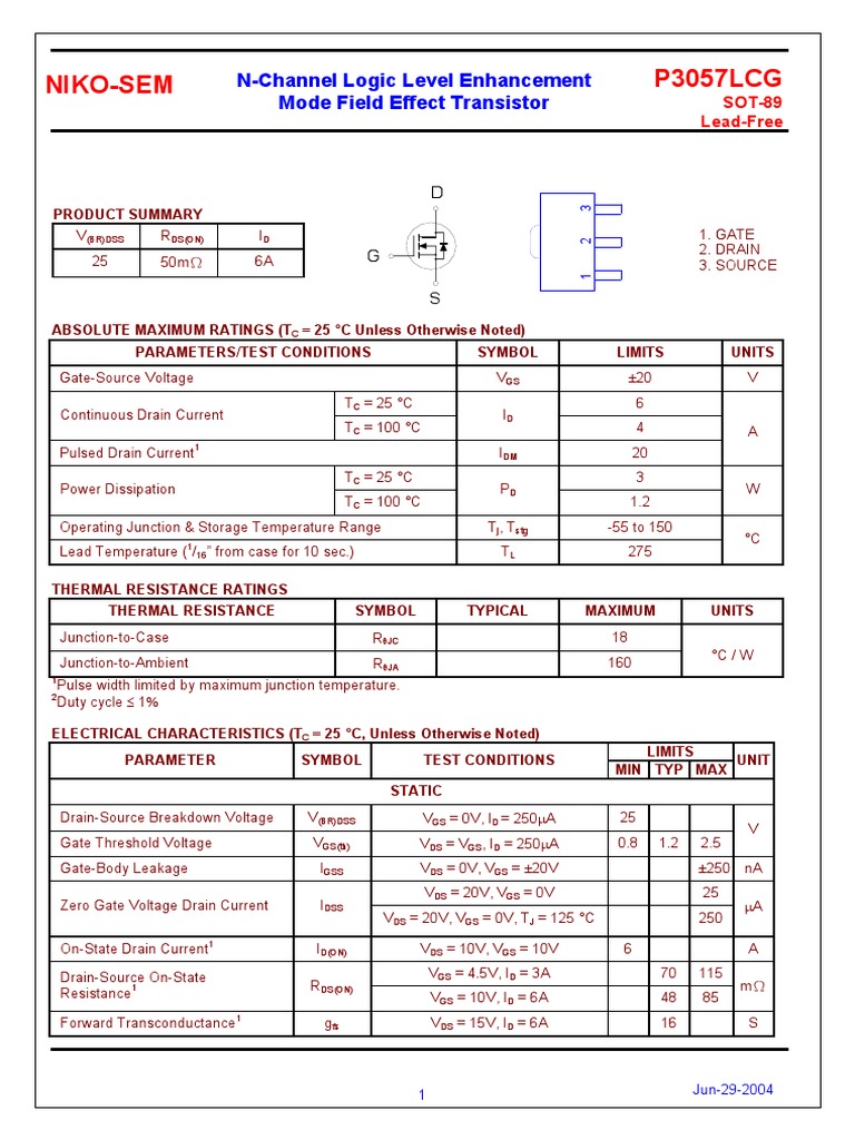 P3057LCG Niko-Sem: N-Channel Logic Level Enhancement Mode Field Effect ...