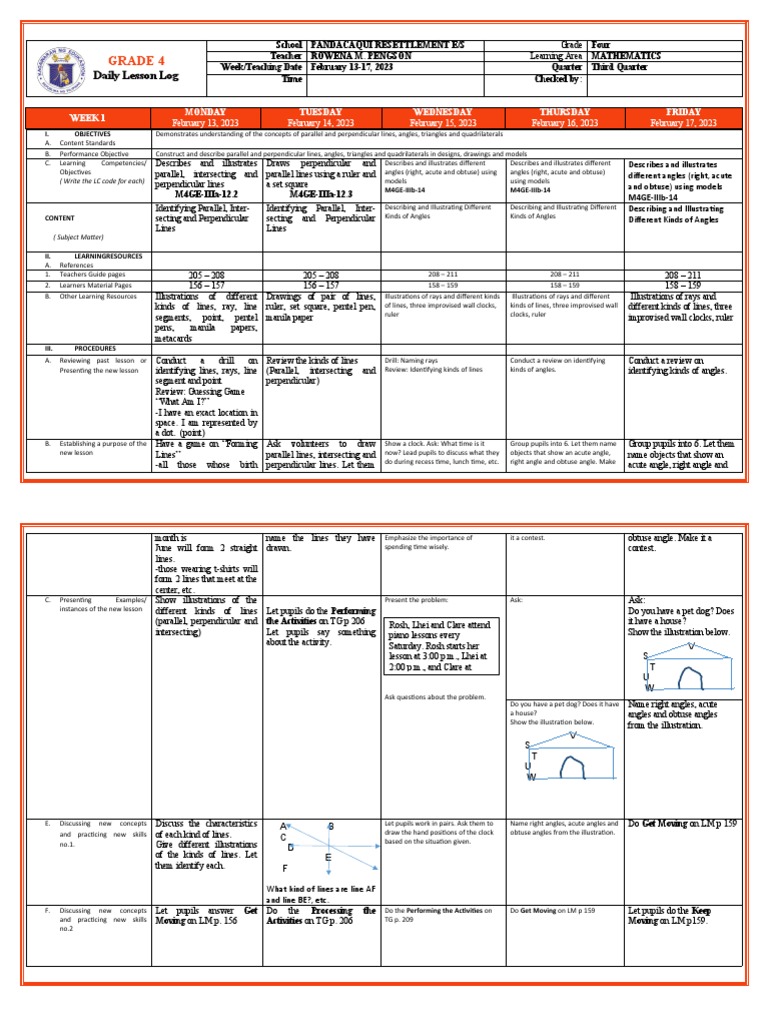Grade 4 DLL Quarter 3 Week 1 Sir Bien Cruz | PDF | Perpendicular | Angle
