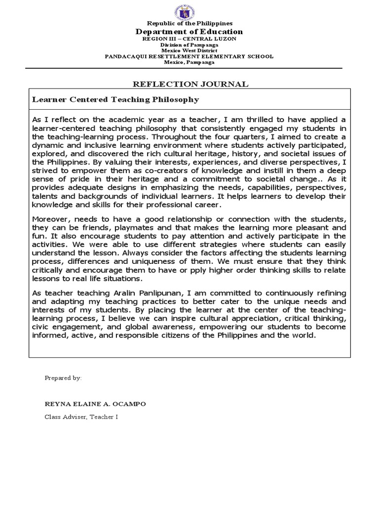 Reflection Journal | PDF | Learning | Teachers
