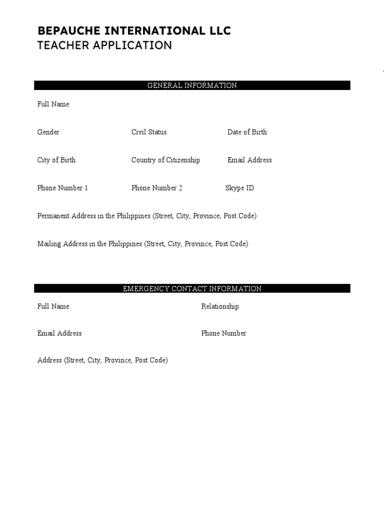 Bepauche International LLC - Teacher Application Form | PDF | World Wide Web | Internet & Web