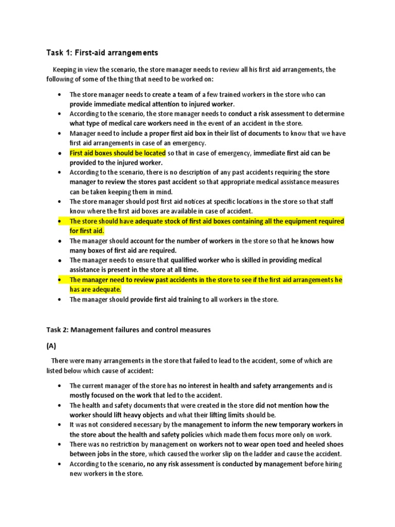 Task 1: First-Aid Arrangements | PDF | Occupational Safety And Health ...