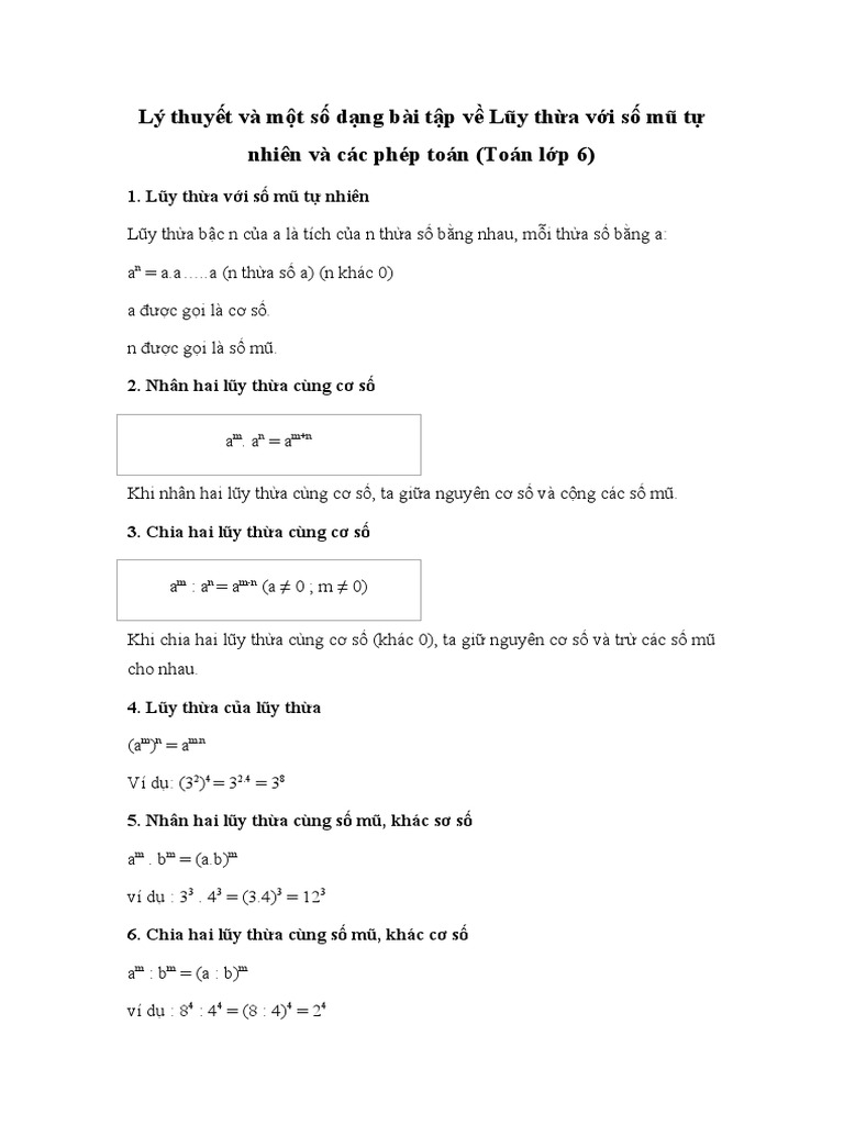 Ly Thuyet Va Mot So Dang Bai Tap Ve Luy Thua Voi So Mu Tu Nhien Va Cac Phep Toan Toan Lop 6 | PDF