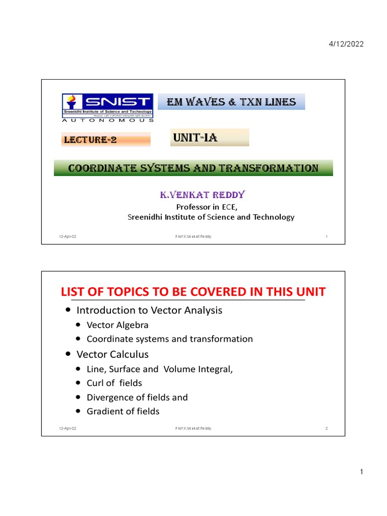 Emtl Unit-Ia L-2 Coordinate Systems and Transformation | PDF