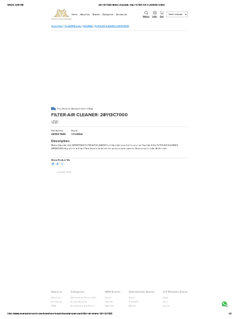 28113C7000: Mobis Hyundai FILTER-AIR CLEANER Online | PDF | Transport ...