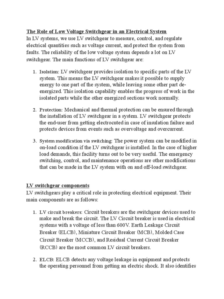 The Role of Low Voltage Switchgear in An Electrical System | PDF ...